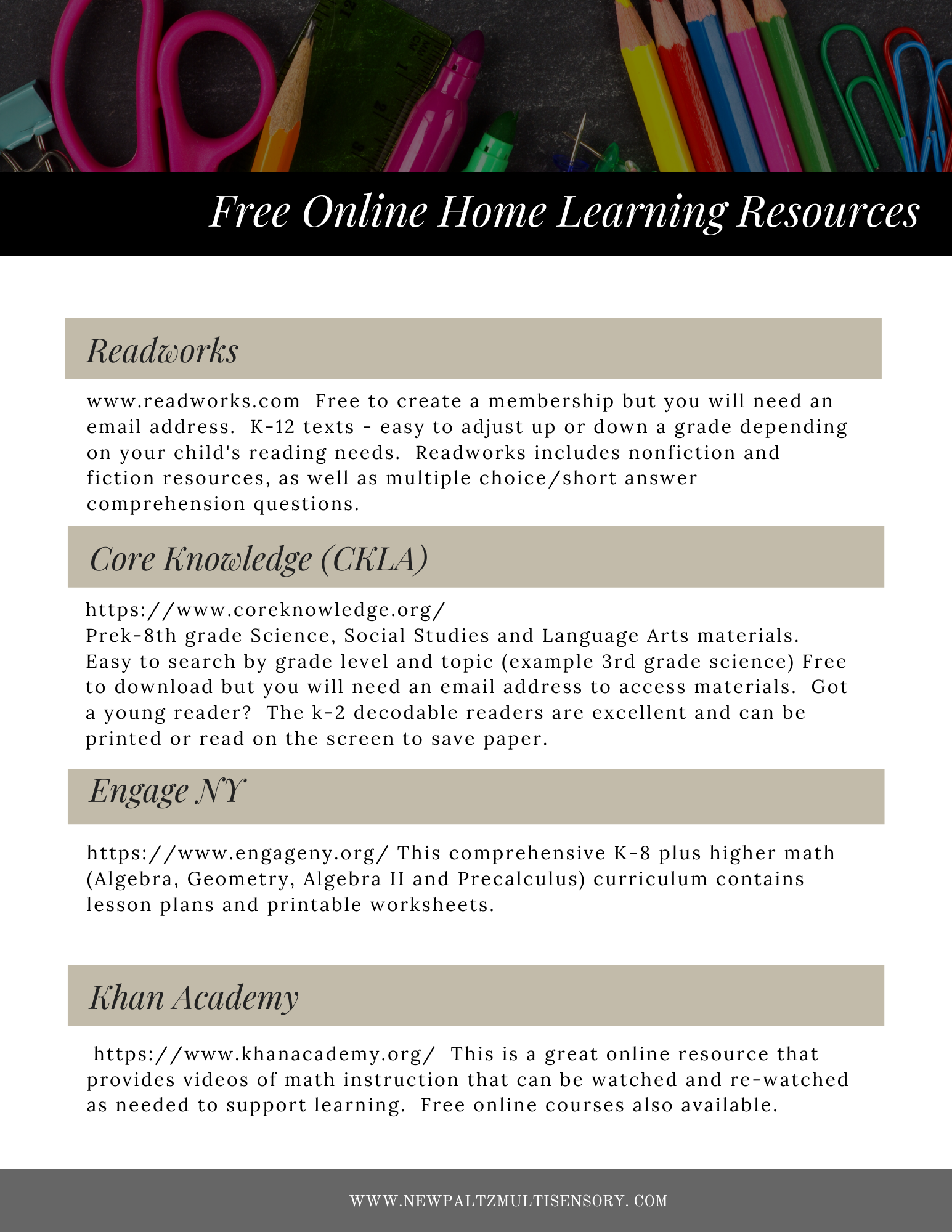 Free Online Home Learning Resources New Paltz Multisensory
